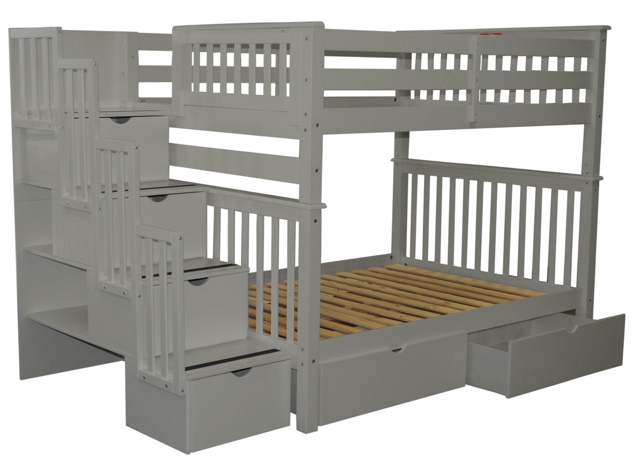 Bedz King Bunk Beds Full over Full with 4 Drawers in the Steps and 2 Under Bed Drawers, Gray