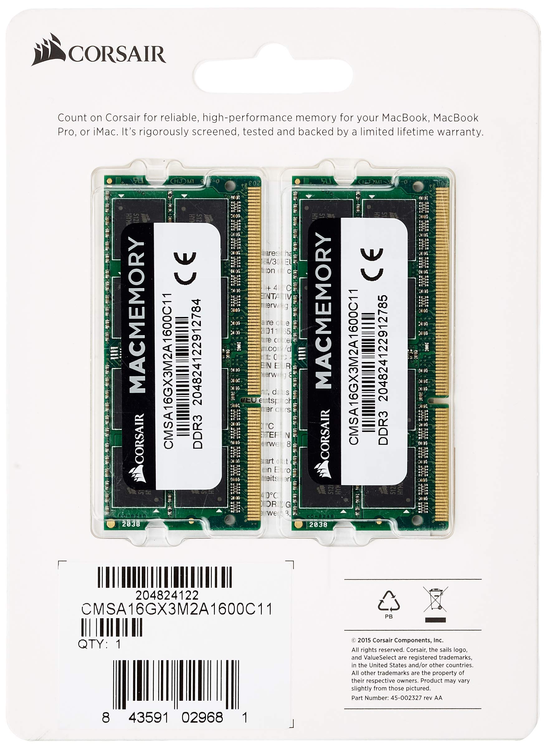 Corsair CMSA16GX3M2A1600C11 Apple Certified 16 GB (2x8 GB) DDR3 1600MHz (PC3 12800) Laptop Memory 1.35V