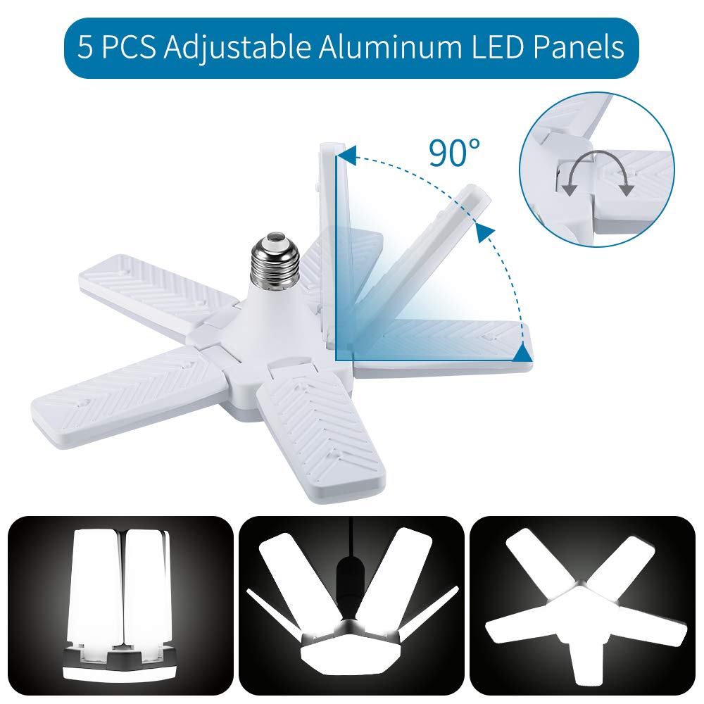 ALOVECO LED Garage Lights, LED Garage Ceiling Lights 60W 6000LM, E26/E27,CRI 80, 6000K Daylight White with 5 Adjustable Panels, Deformable LED Shop Lights for Garage Warehouse Workshop Basement…