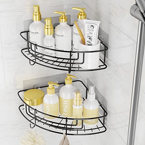 GAAKY Corner Shower Caddy, 3 Pack Corner Shower Shelf with Soap Holder and 4 Hooks, No Drilling Shower Organizer Adhesive Stainless Steel Shower Shelves for Bathroom Storage(Black)