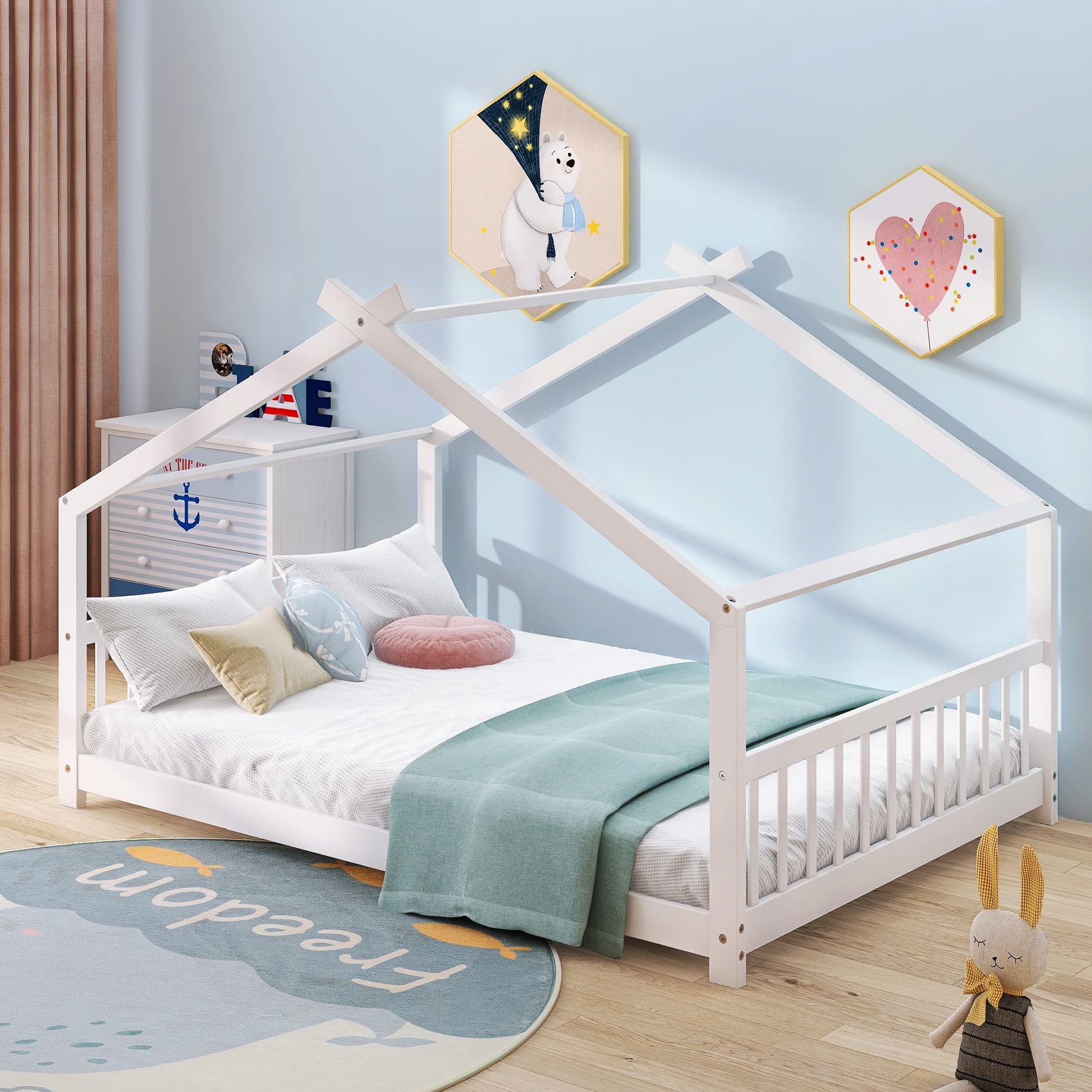 AOCOROE Wood House Bed Full Bed Frame for Boys and Girls, Full Size Playhouse-Design Montessori Floor Bed Platform Bed Frame,No Box-Spring Needed