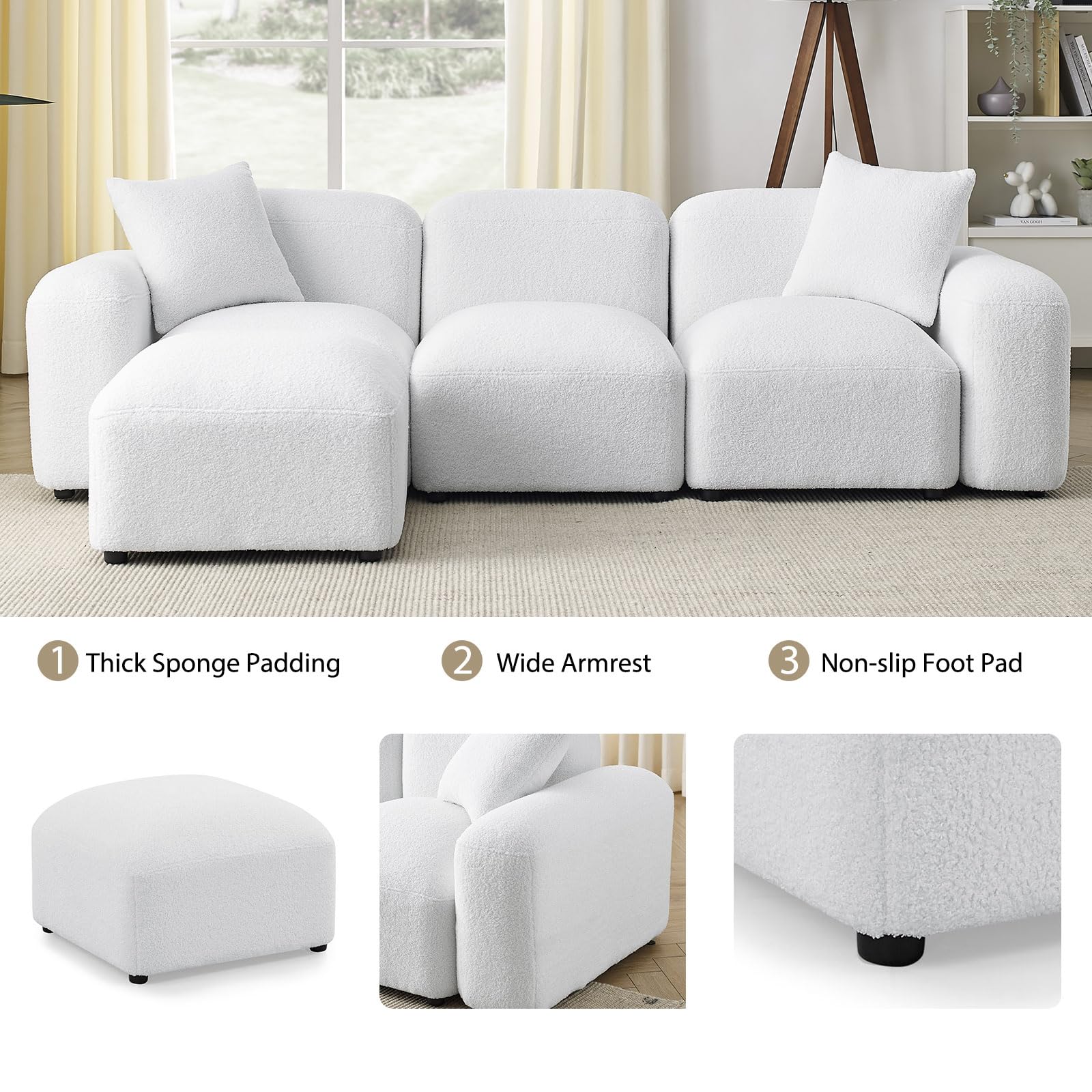 Taiweny Convertible Modular Sectional Sofa, Boucle Fabric L-Shaped Modern Bubble Couch with Ottoman, 3-Seater Sherpa Teddy Sofas for Living Room Apartment, 94”, White