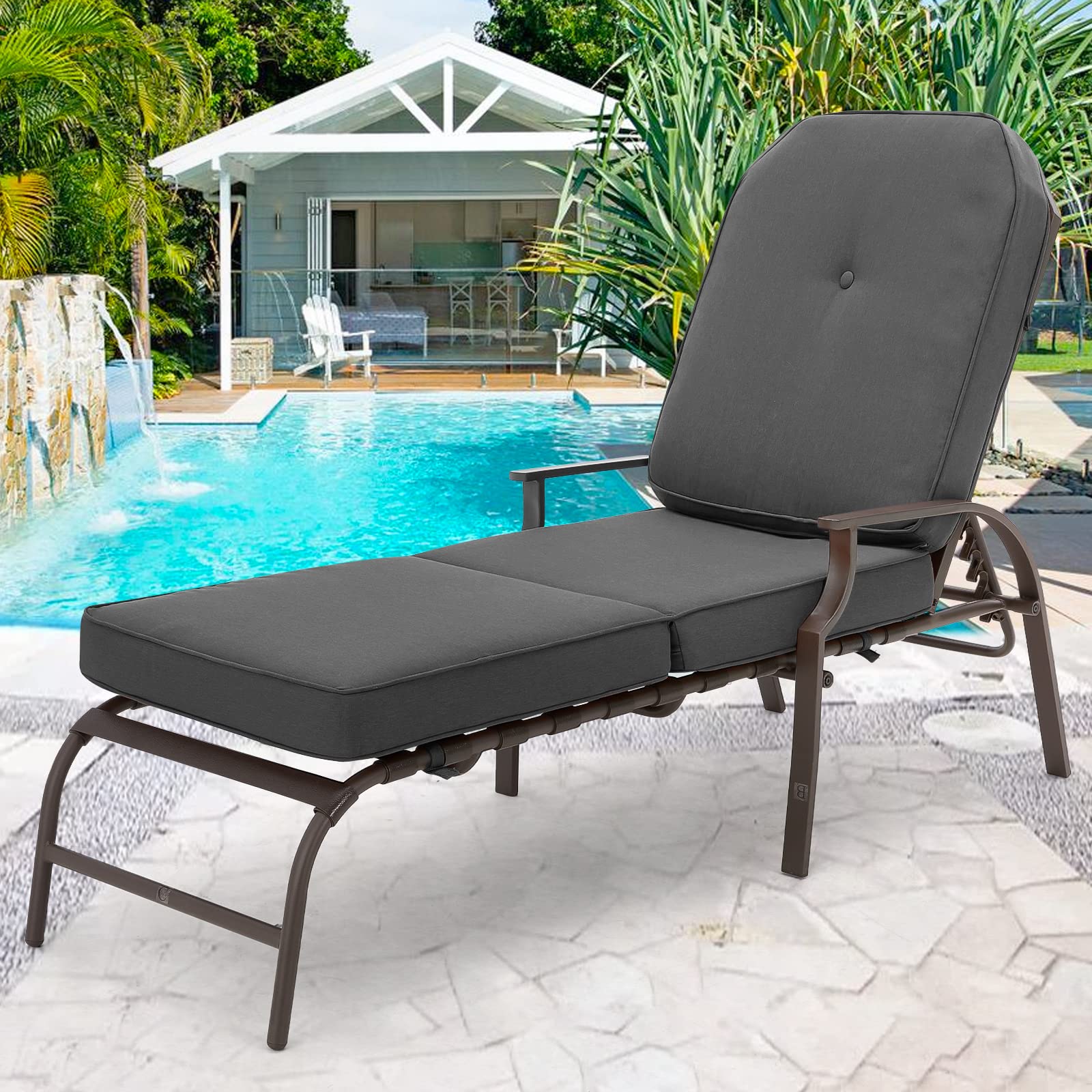 U-MAX Adjustable Outdoor Chaise Lounge Chair Patio Lounge Chair Recliner Furniture with Armrest and Cushion for Deck, Poolside, Backyard (Grey)