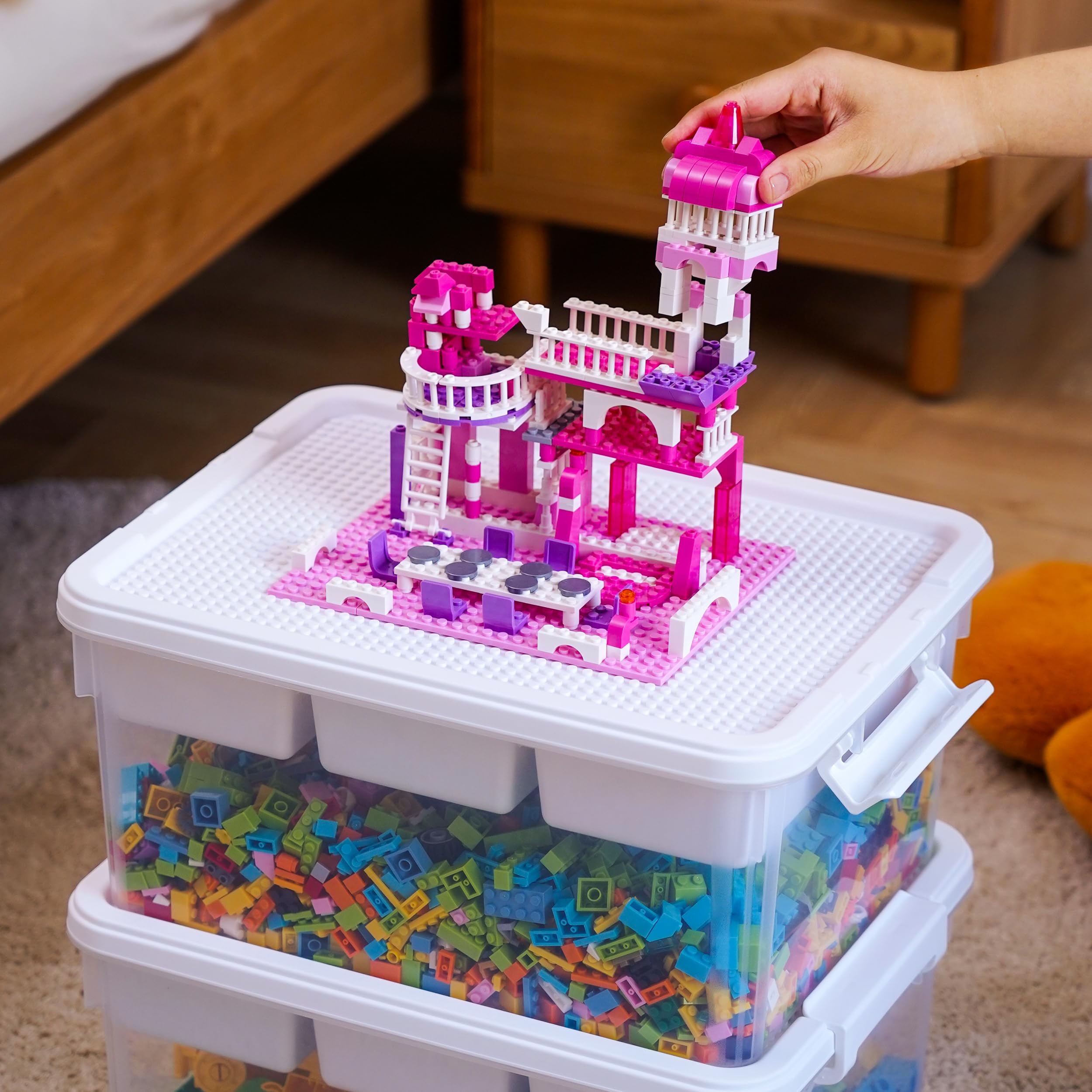 Citylife 17 QT Plastic Storage Box with Building Baseplate Lid and Removable Tray Craft Organizers and Storage Clear Storage Container for Organizing Lego, Bead, Tool, 2 Packs