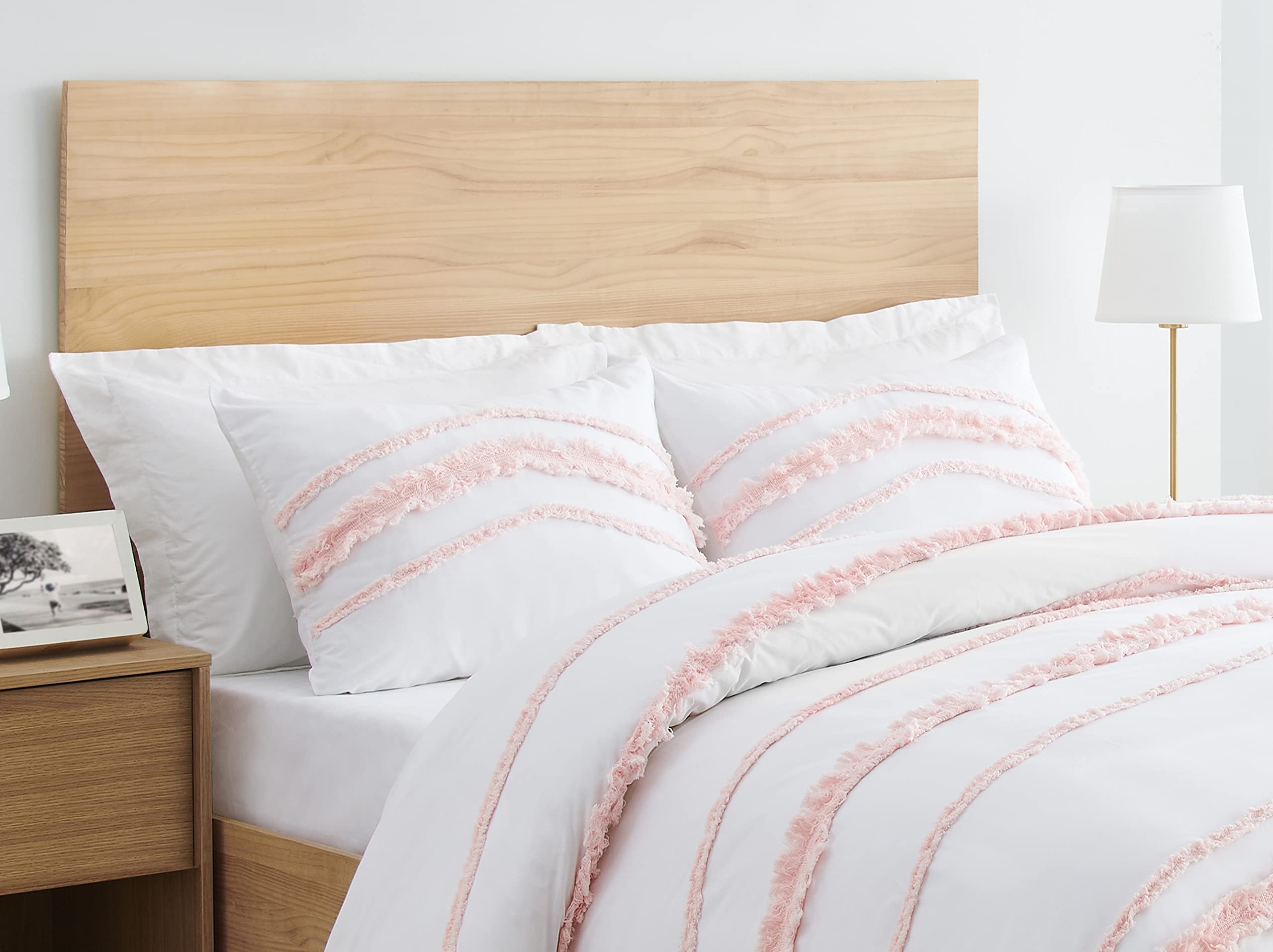 Sweet Jojo Designs Bohemian Boho Chic White and Pink Macrame Tufted Tassel 3 pc. Full / Queen Size Bed Bedding Set Duvet Comforter Cover Sham Blush Textured Minimalist Cotton Fringe Farmhouse Neutral