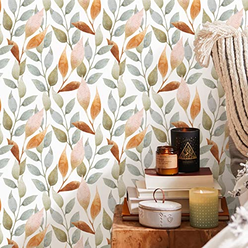 Floralplus Peel and Stick Wallpaper Boho Leaf Stick On Wallpaper Removable Textured Wallpaper Pull and Stick Contact Paper for Cabinet Bathroom Nursery Home Decor 17.7in x 118in
