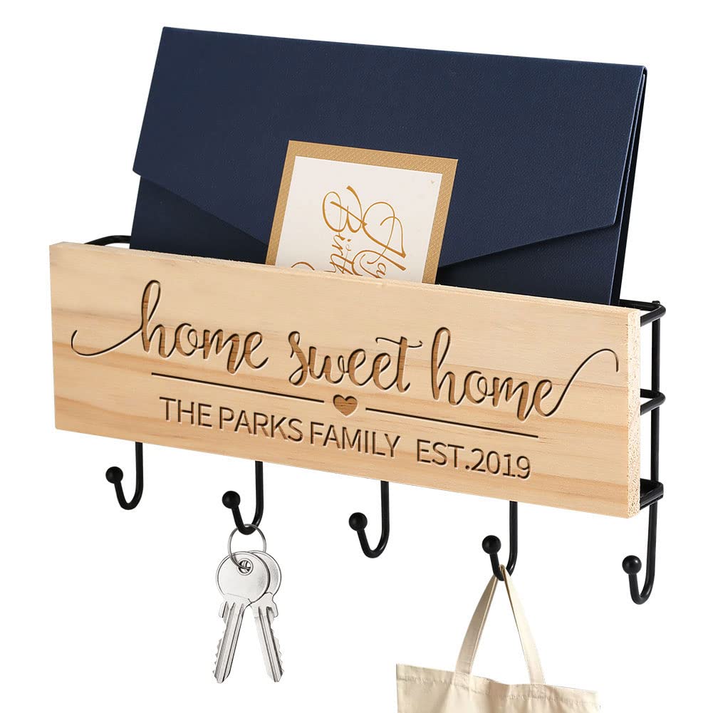 Personalized Wall Mounted Key Holder for The Home, Custom Wooden Key Rack for Wall with Iron Storage Basket, Engraved Your Family Last Name Key Hanger Gift for Wedding Housewarming
