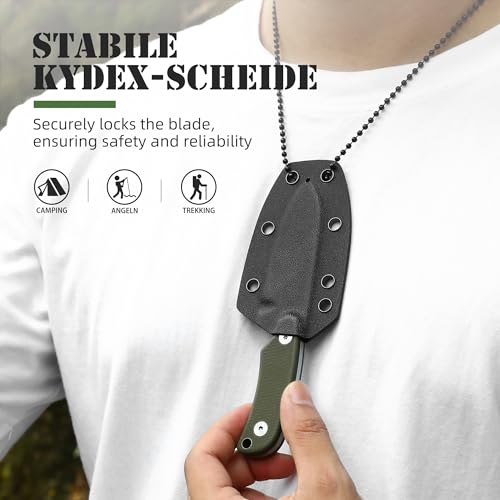 Omesio Neck Knife, Full Tang EDC Knife Necklace for Men, 5.82" Fixed Blade Knife with Kydex Sheath and Clip, Nessmuk Blade Small Knife D2 Steel G10 Handle for Outdoor, Survival, Camping