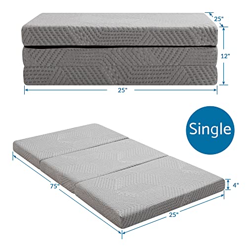 IULULU Folding Mattress, 4-Inch Single Size Tri-Fold Memory Foam Mattress Topper with Breathable & Washable Cover, Portable and Foldable Mattress for Floor, Guest Bed, Camping - CertiPUR-US Certified , Grey