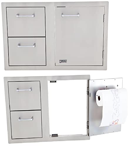 AMS Fireplace Lion BBQ Package Gas Grill 32", Double Side Burner, Door Drawer Combo, Vertical Door, Sink with Faucet and Accessories (Liquid Propane) | Free Table-top Bio Ethanol Fire Pit.