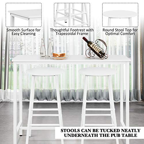 COSTWAY 3-Piece Pub Table Set, Bar Table with 2PCS Backless Bar Stools, Fashionable Simple Style, Kitchen Counter Height Dining Design, Breakfast Table Set for Kitchen, Restaurant, Small Space (White)