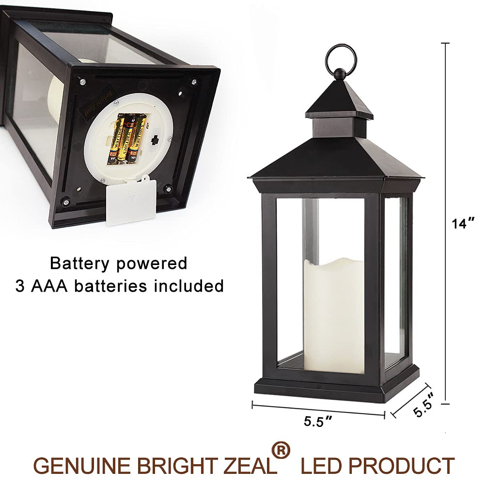 Bright Zeal 2-PACK 14" Black Waterproof Outdoor Lanterns with Flameless Candles and timer - Outdoor Lanterns Battery Powered LED Decorative Waterproof - Black Candle Lanterns Decorative Indoor