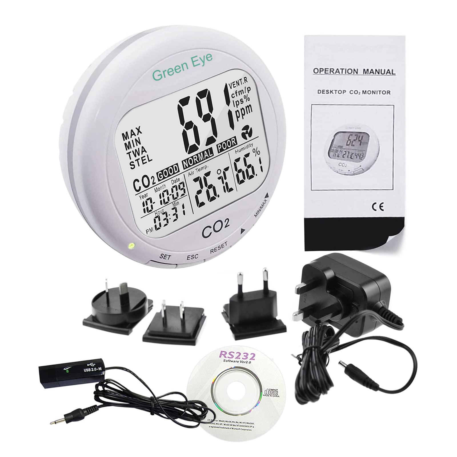 Desktop CO2 / RH/Temp 3 in 1 Indoor Air Quality Monitor Data Logging with Software Carbon Dioxide Temperature Humidity Digital Meter Audible Alarm NDIR Sensor