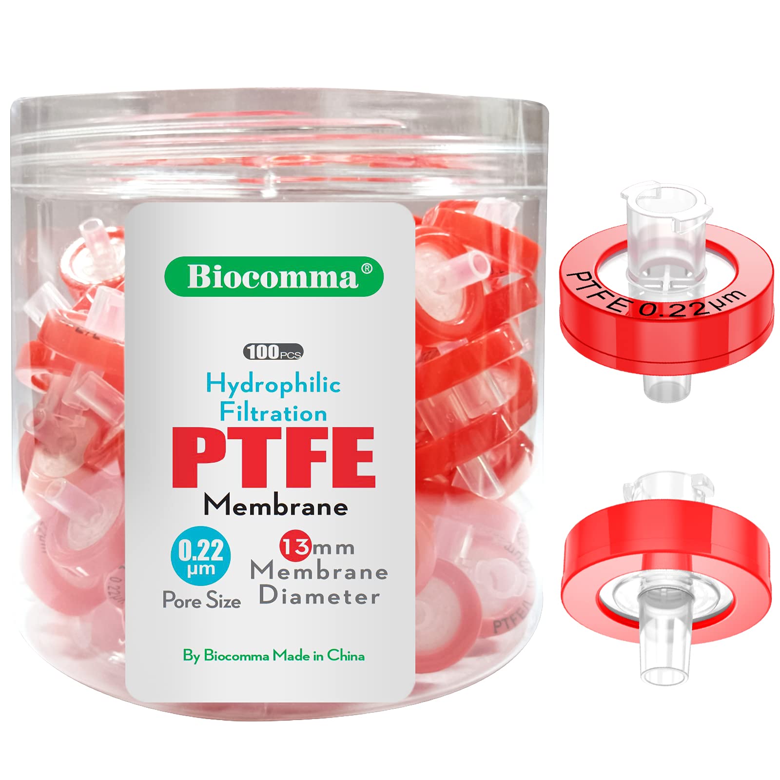 Biocomma Syringe Filters PTFE Membrane - Hydrophilic Filtration 0.22um Pore Size (13mm,100)
