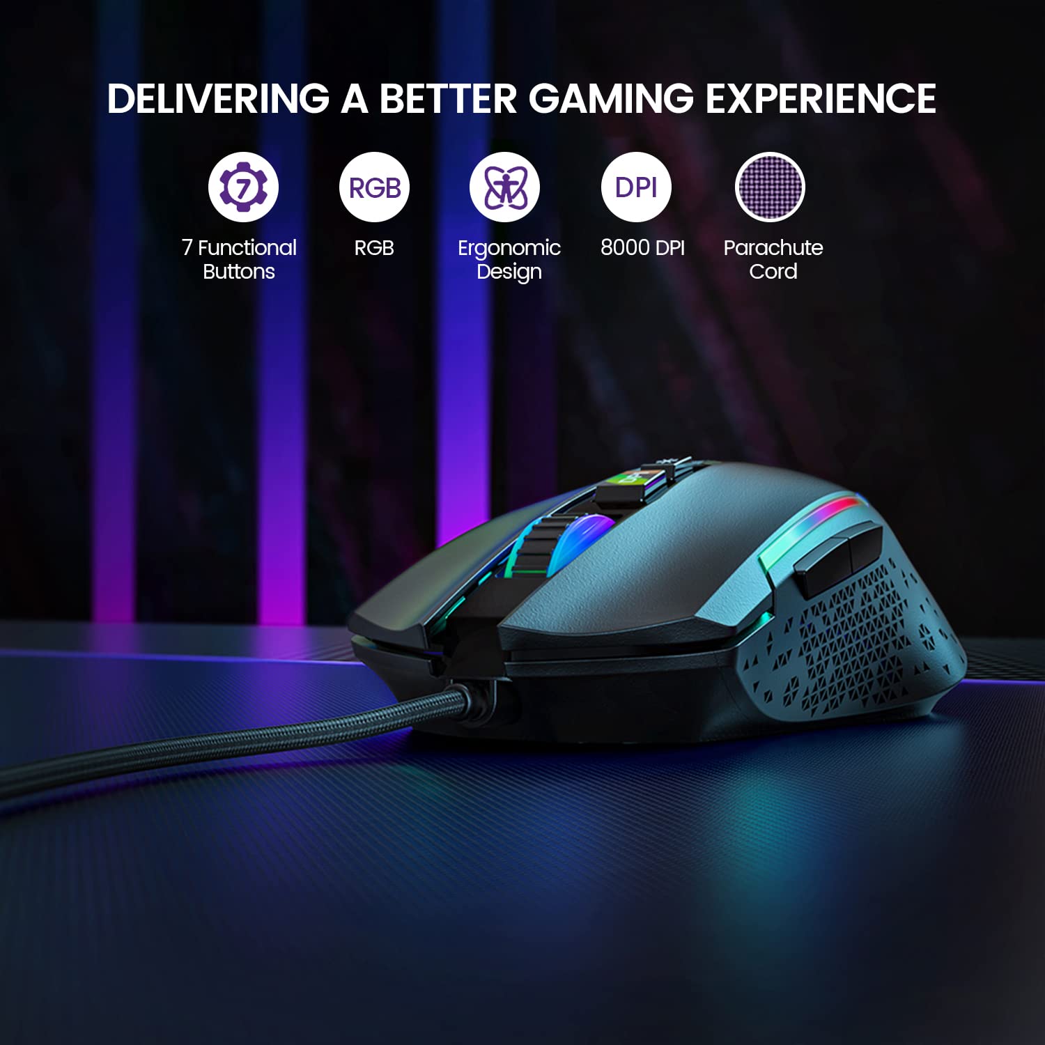 EKSA Gaming Mouse, Computer Mouse with 7 Programmable Buttons, Wired Gaming Mice with Chroma RGB 6 Backlit & Adjustable 8000DPI for Windows PC Gamers
