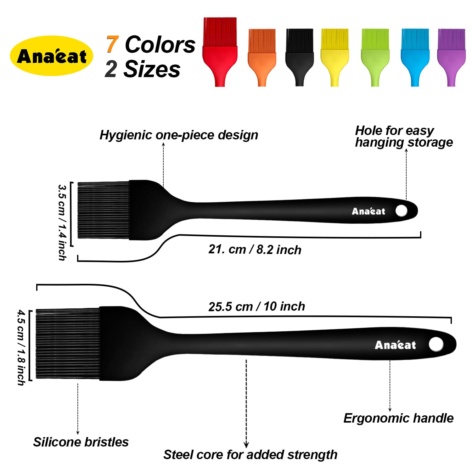 Anaeat 2 Pack Silicone Basting Pastry Brushes - Heat Resistant Brush with Soft Bristles, Hygienic One Piece Design, Marinade Brush Great in Baking for Spreading Oil Butter Sauce BBQ Grill (Black)