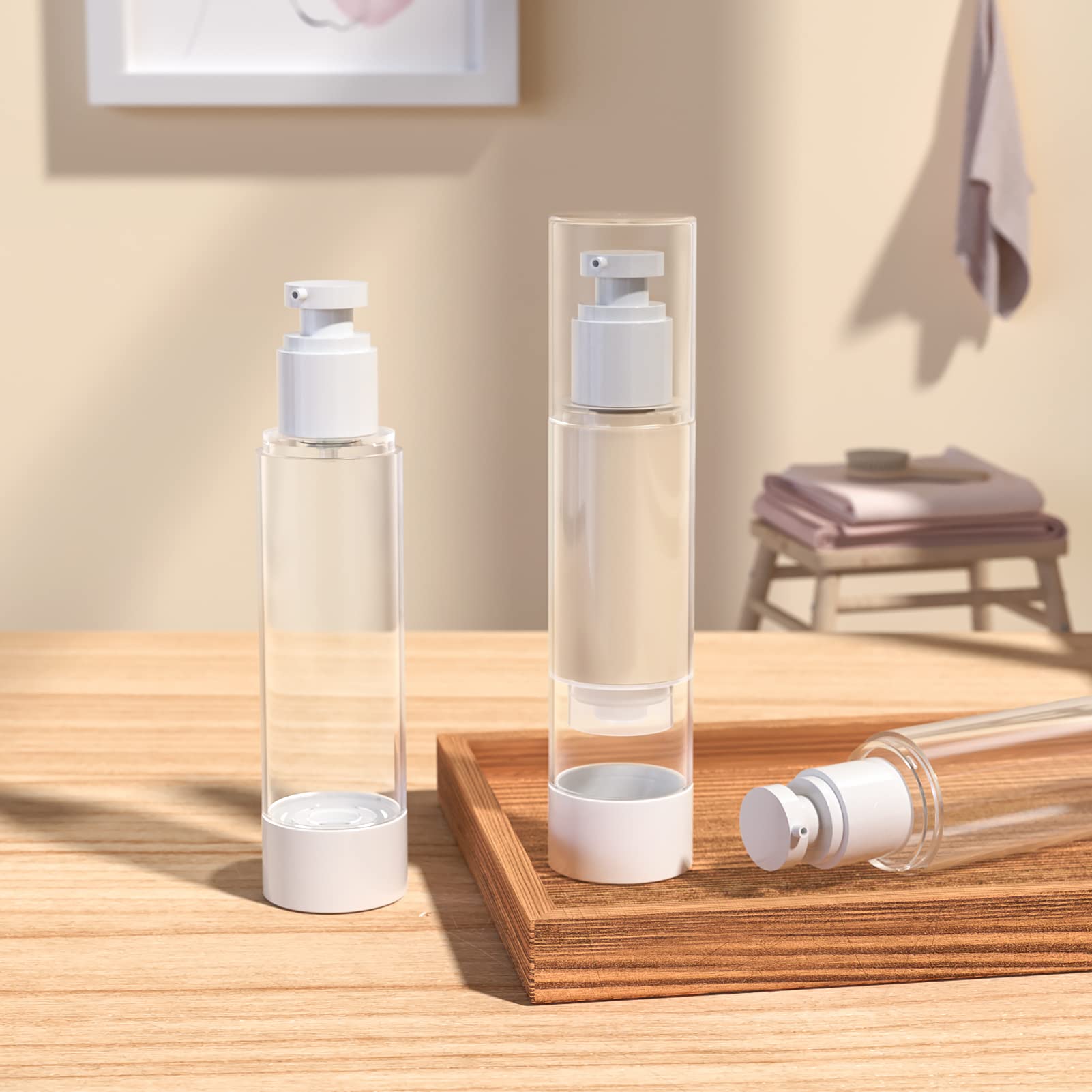 longway 3.4 Oz 100ml Clear Airless Cosmetic Cream Pump Bottle Travel Size Dispenser Refillable Containers for Foundation, Shampoo (Pack of 6)