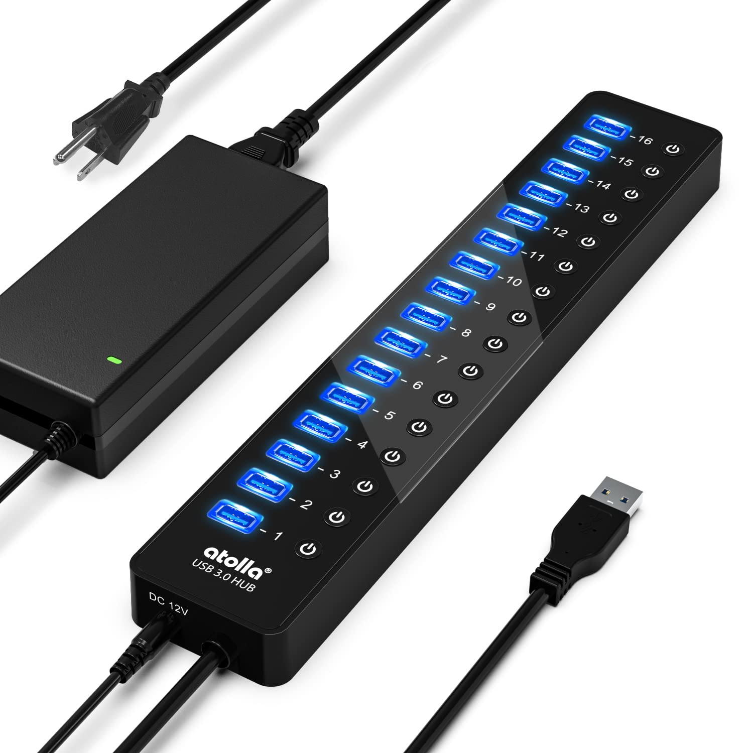 atolla USB Hub 3.0 Powered, 16 Ports USB Data Hub Splitter with Individual ON/Off Switches and 12V/6A Power Adapter, 5Gbps High Speed, USB Extension for Laptop, PC, Mobile HDD, Flash Drive