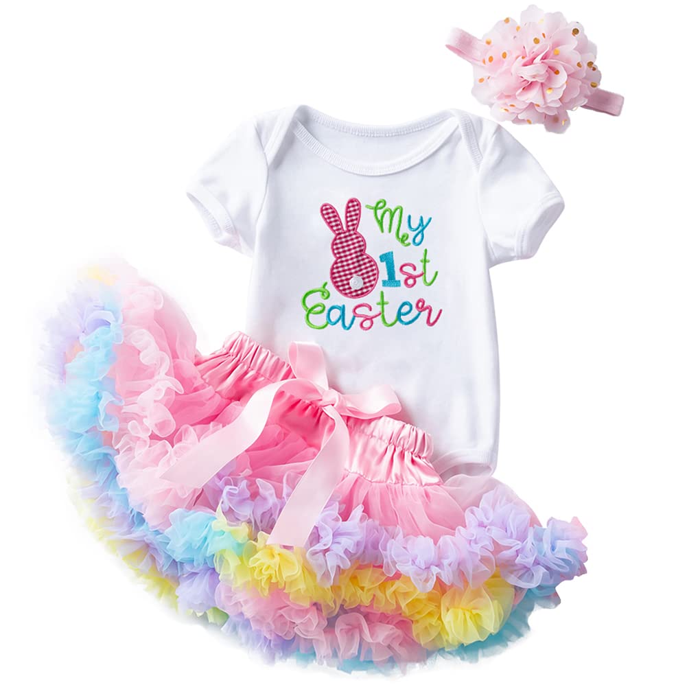AGQT Toddler Girls My First Easter Outfit Set Eggs 3Pcs Romper with Lace Tutu Skirt and Headband Pink-Bunny Size 12-24 Months(80)