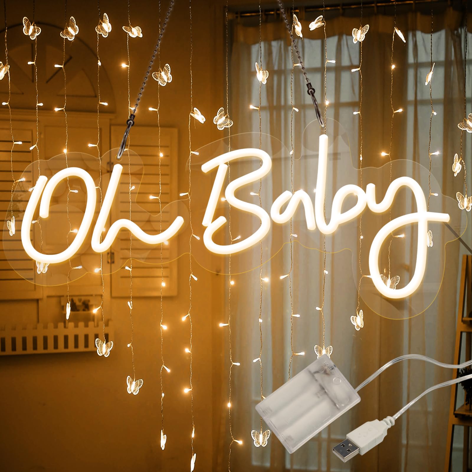 ATOLS Oh Baby Neon Sign for Wall Decor, Battery or USB Powered Oh Baby Led Sign, Oh Baby Light Up Sign for Baby Shower Decorations, Birthday Party, Wedding Decor, Size-16x7Inch, Warm White