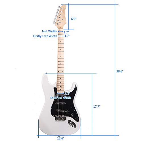 Electric Guitar 39" inch Complete Beginner Starter kit Full Size with 20w Amp,w/Strap,Bag,Guitar Amplifier,Power Wire,Plectrum,Tremolo Bar (White)
