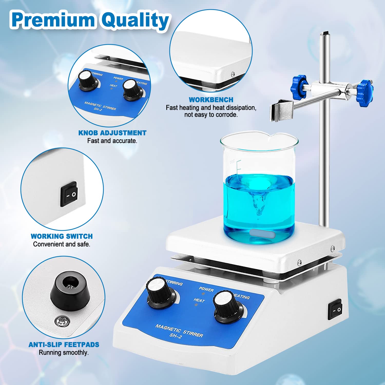 Yaeccc Magnetic Stirrer 4.7 x 4.7 Inch Heating Plate Magnetic Mixer SH-2 Hot Plate 1000ml Stirring Capacity Magnetic Stirrer Kit 180W 0~1600RPM 1L Volume Heating Power
