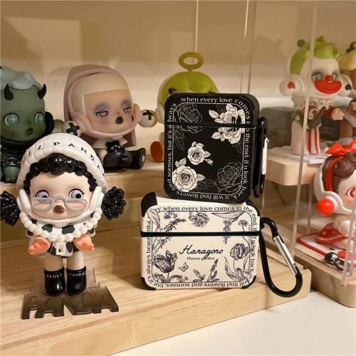Case Cover Compatible with AirPods Pro 2 Stylish Floral AirPods Pro 2 Case for Women Girls Black Rose Patterns Protective Hard Case with Clip (White)