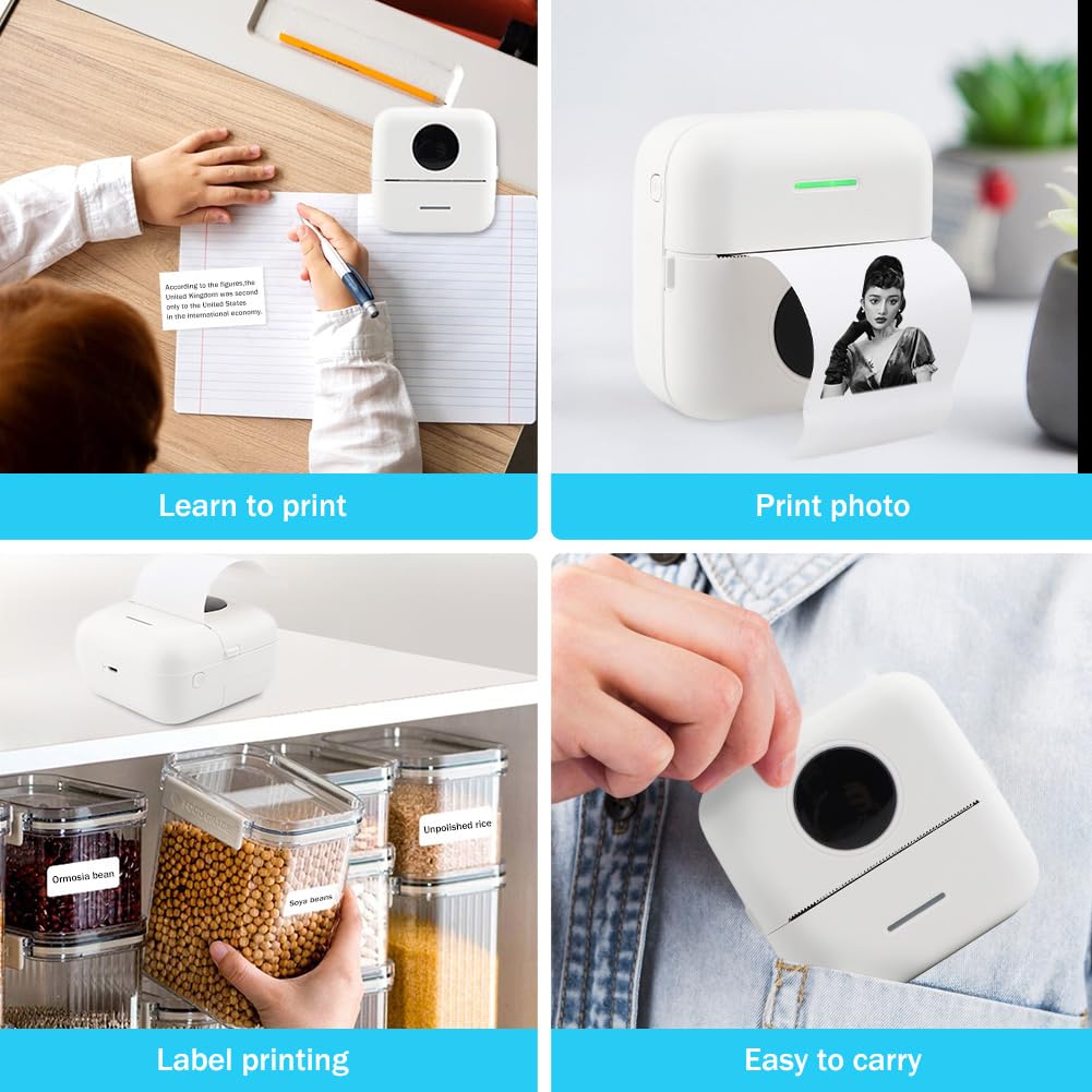 Kakalote Mini Sticker Printer, Label Makers, Sticker Printer Machine, Mini Portable Small Printer, Bluetooth Smart Pocket Inkless Thermal Printer, with Rolls Thermal Paper and Sticker, White