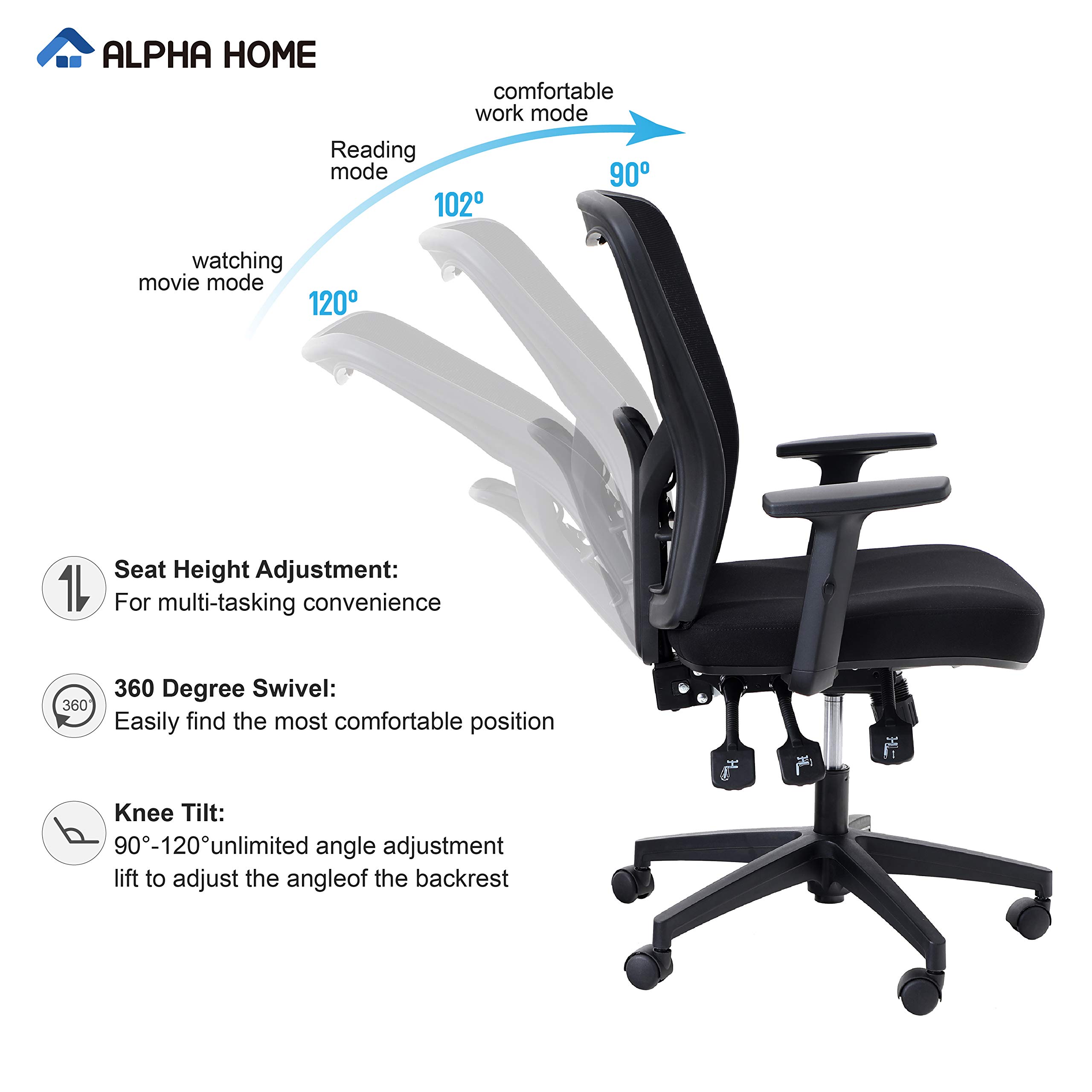 ALPHA HOME Office Chair Ergonomic Home Desk Chair High Back Mesh Task Chair with Lumbar Support Executive Stool with Adjustable Headrest & Armrest Rolling Swivel Desk Chair for Women-Capacity 250LBS