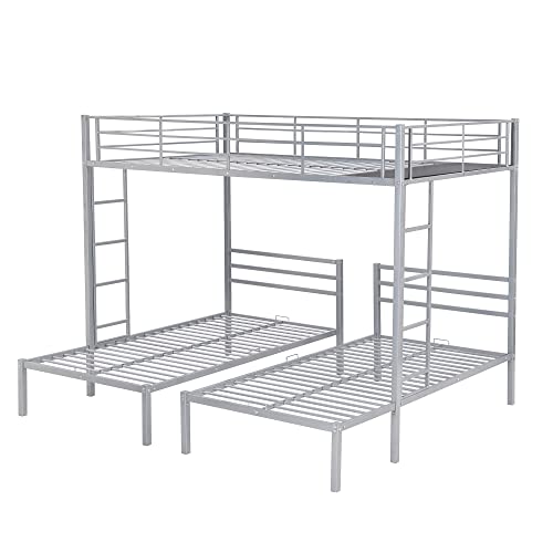 DEYOBED Full Over Twin & Twin Metal L-Shaped Triple Bed Bunk Bed with Built-in Shelf and 2 Ladders - Space-Saving and Organized Sleep Space for Kids, Teens, Adults