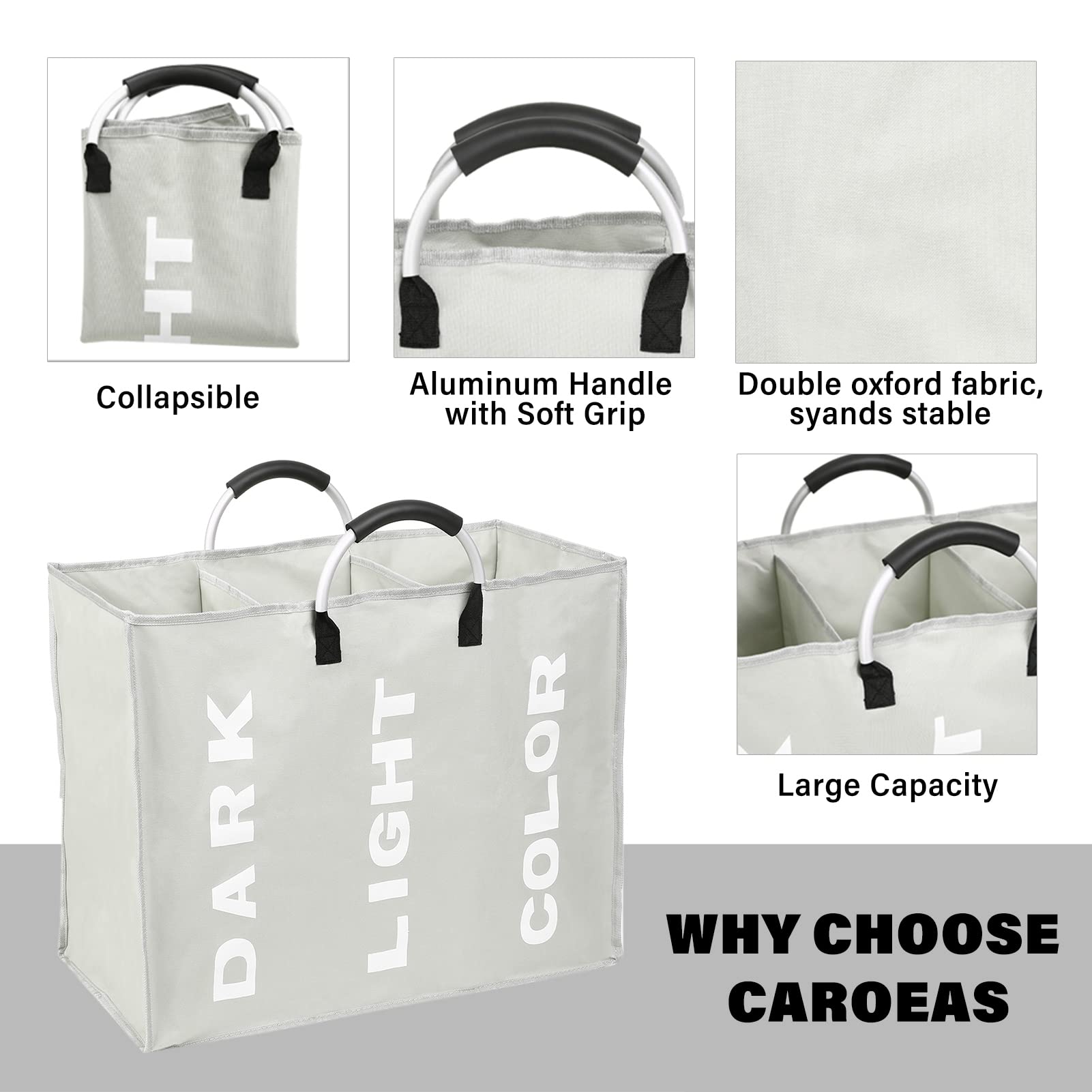 AORESAC 94L X-Large Laundry Hamper 3 Section, Collapsible Clothes Hamper with Padded Handles, Durable and Easy to Clean, 24 X 13 X 20inches Laundry Basket for Bedroom, School Dorm, Apartment