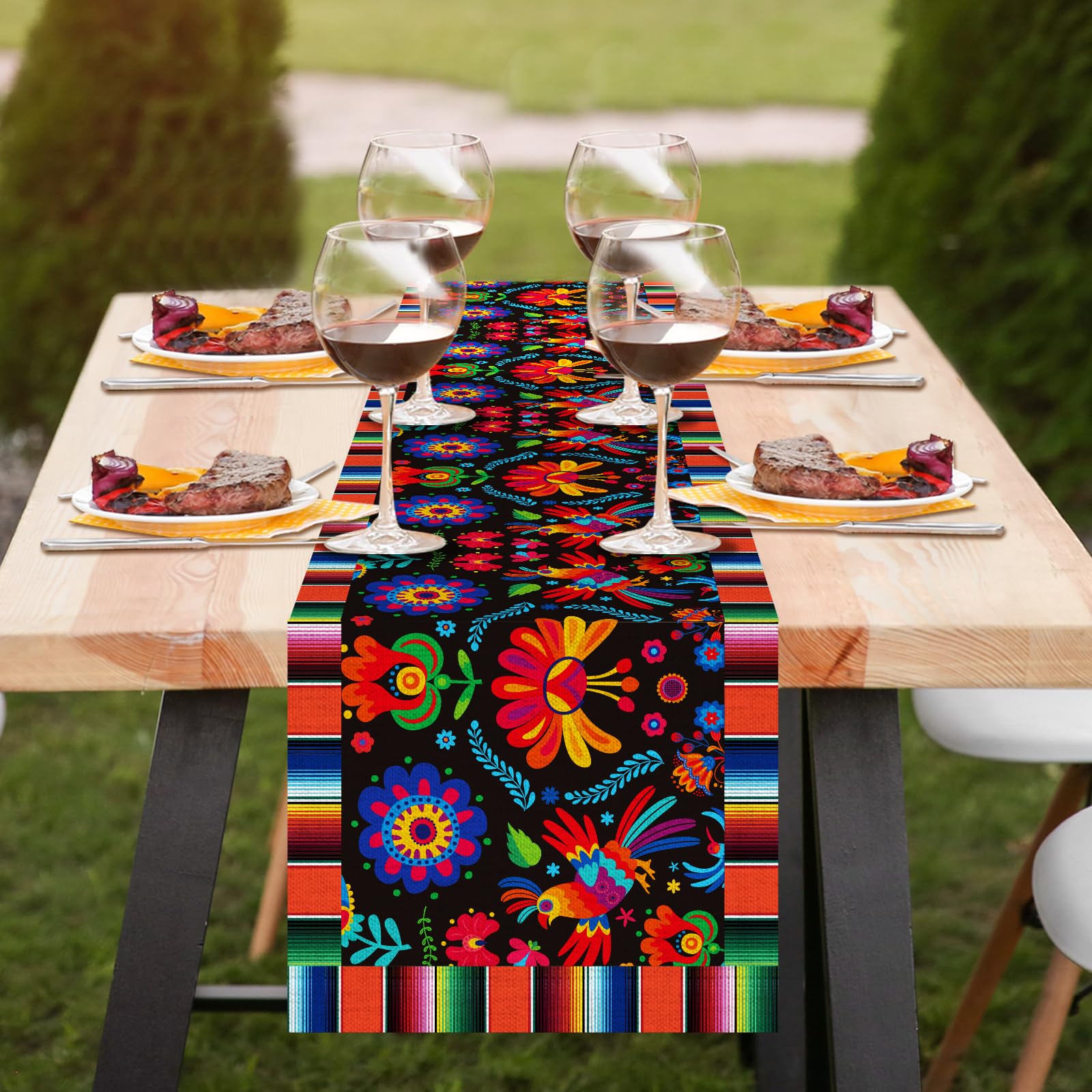 Linen Mexican Fiesta Table Runner Decoration 72×13inch Long Cinco De Mayo Dia De Los Muertos Runners Farmhouse Rustic Runner Day of The Dead Decor and Supplies for Kitchen Dining Home Table Decoration