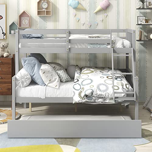 DEYOBED Twin Over Full Convertible Wooden Bunk Bed with Trundle - Versatile Bedding Solution for Kids, Teens, and Adults, Maximizing Space and Comfort in Bedrooms
