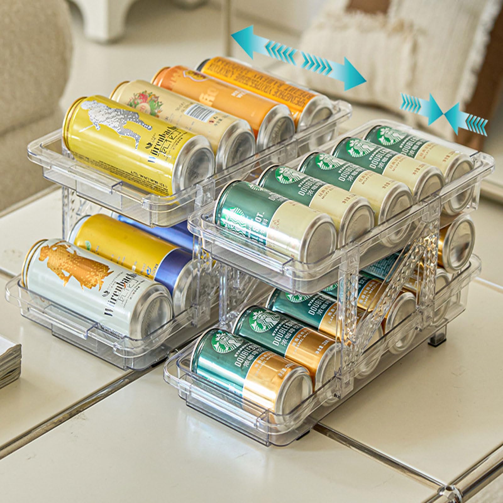 Aoteuk Refrigerator storage containers, Adjustable Width Rolling Soda Can Dispenser Soda Can Storage Rack Beverage Pop Can Holder Drink Organizer for Fridge Pantry Cabinet Countertop (2 Pack, Clear)