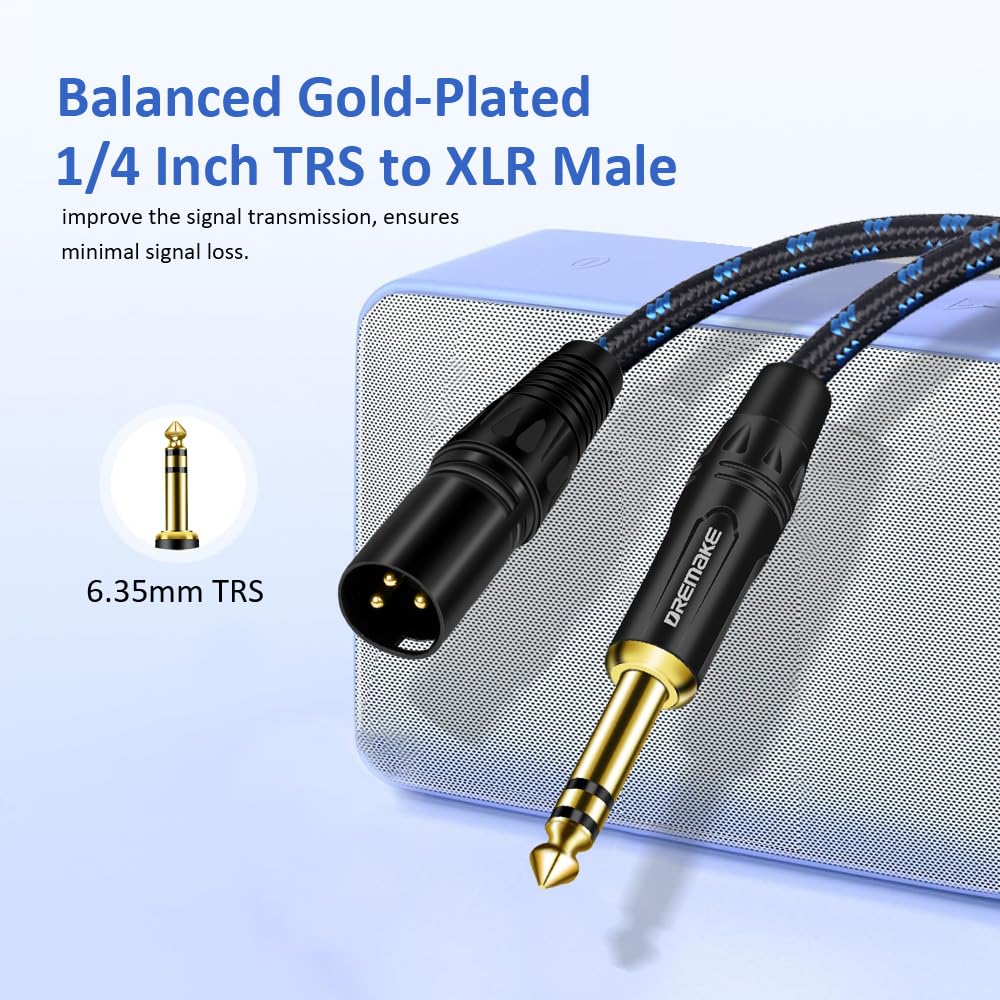 DREMAKE 50FT XLR to 1/4 Inch TRS Mic Audio Cable, XLR 3 Pin Male to Quarter Inch 6.35mm/6.5mm TRS Male Balanced Interconnect Patch Cord for Electric Drum, Saxophone, Effect Pedal, AMP, Power Amplifier