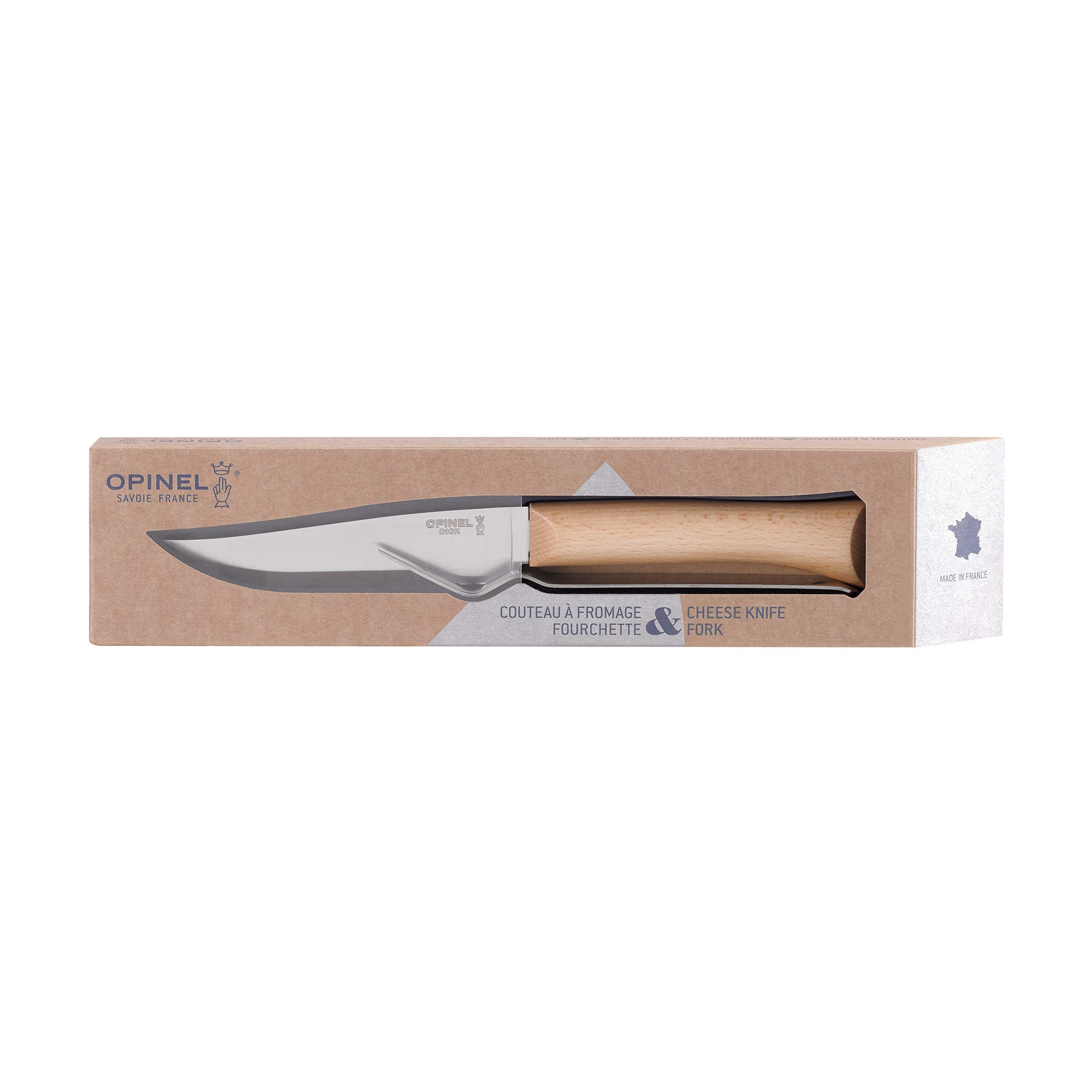 Opinel Cheese Knife and Fork Set, Dinner Parties, Fine Dining Platters, Picnics, and Everyday Use, Sustainably Harvested Beech Wood Handles, Made in France, One Size, (001834)