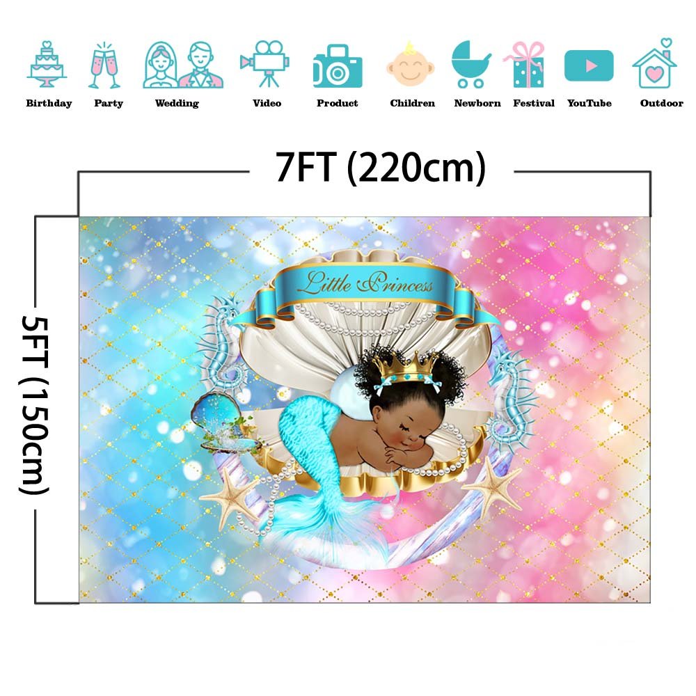 Mocsicka Royal Mermaid Princess Backdrop Under Sea Glitter Shell Crown Background 7x5ft Black Girl Backdrops Banner for Baby Shower, Birthday Party
