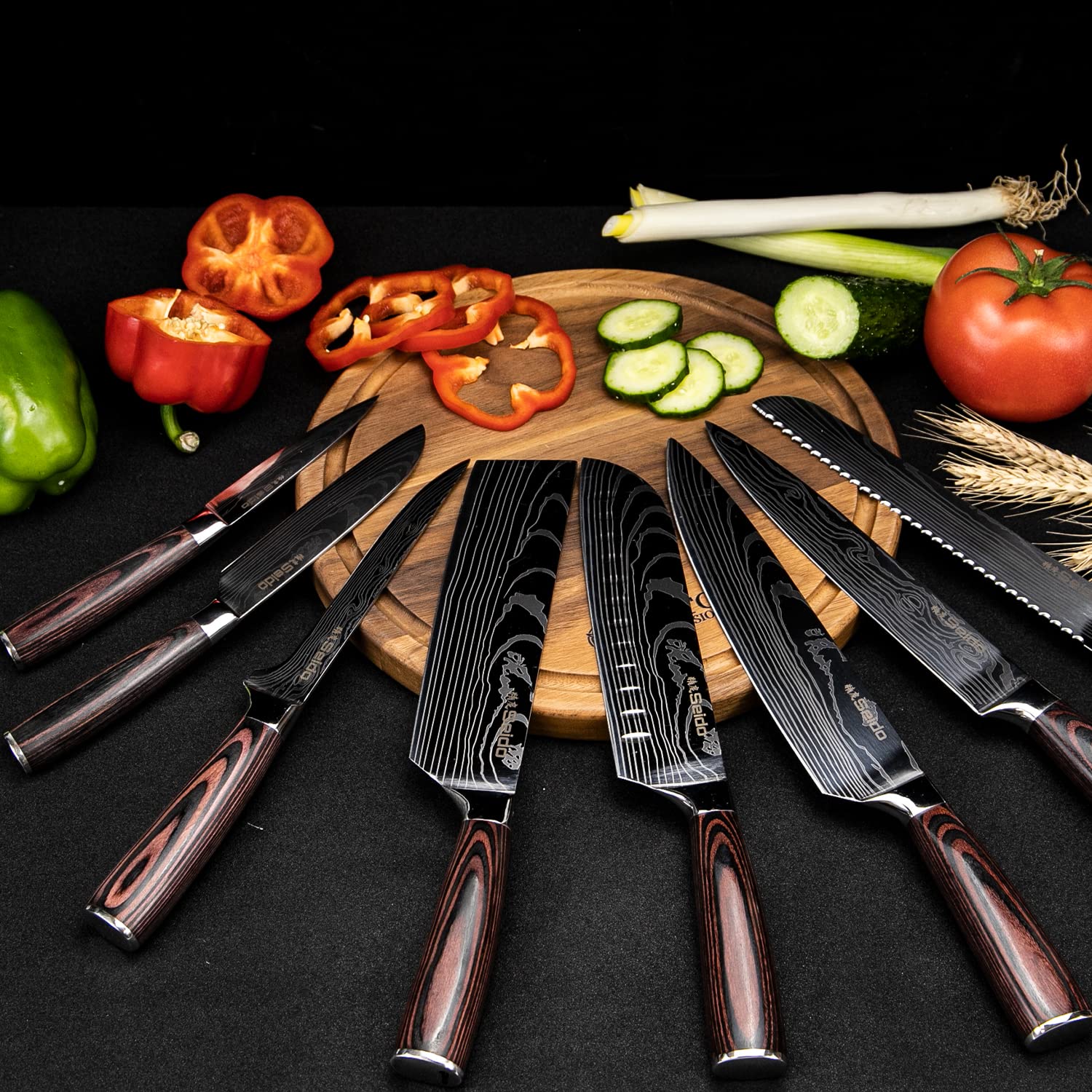 Seido Knives Master Chef Knife Set, 8-Piece Kitchen Knife Set, High-Carbon Stainless Steel Handmade Culinary Knives, Professional Chef Knives, Kitchen Knives