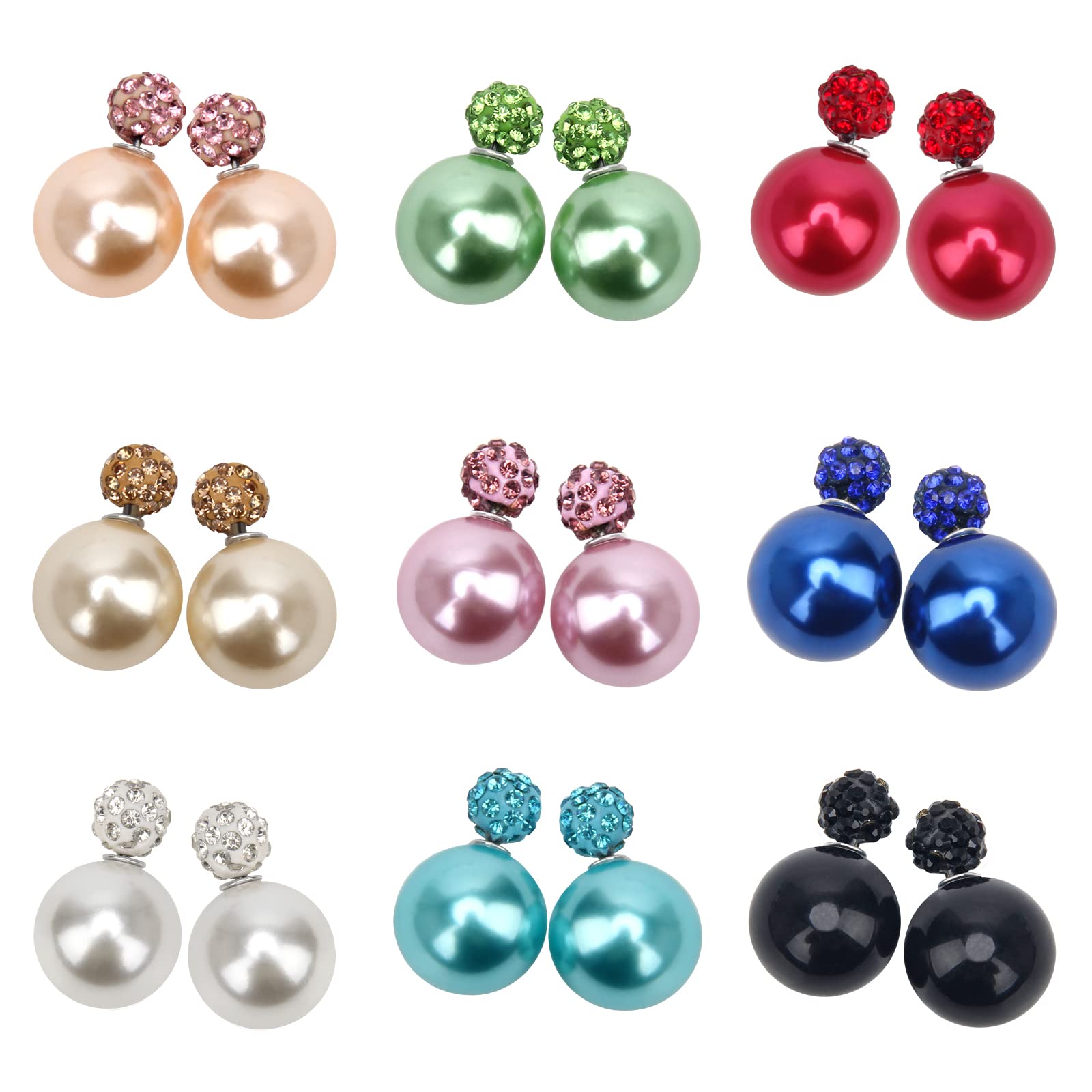 AHIER 9 Pairs Bling Rhinestone Polymer Clay Studs Pearl Button Earrings, Double Ball Earring, Jewelry Piercing Ear Ring