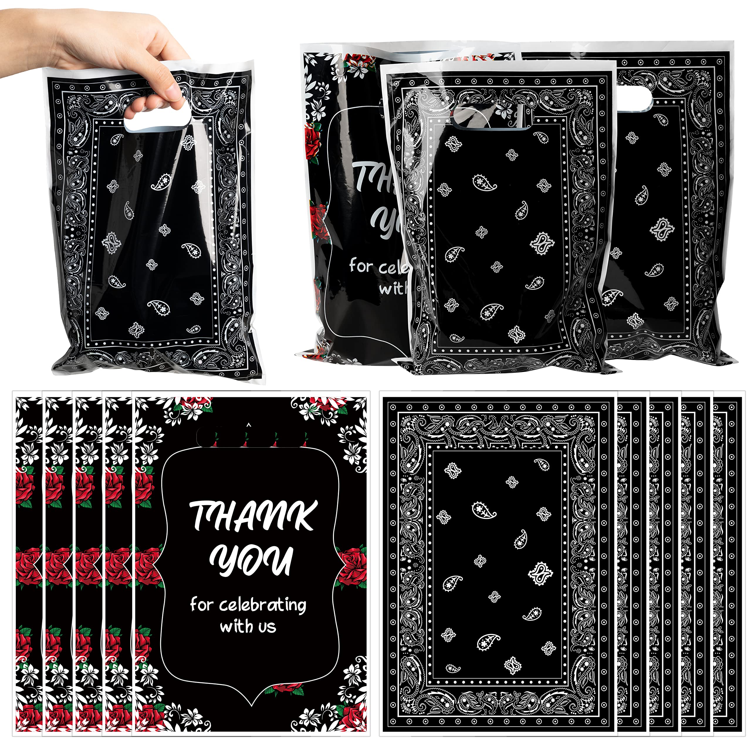 BkeeCten 50PCS Black Bandana Party Favors Bag with Handle Plastic Chicano Thank You Gift Goody Treat Candy Bags Black Western Bandana Return Gift Bags for Old School Cholo Theme Birthday Party Supply