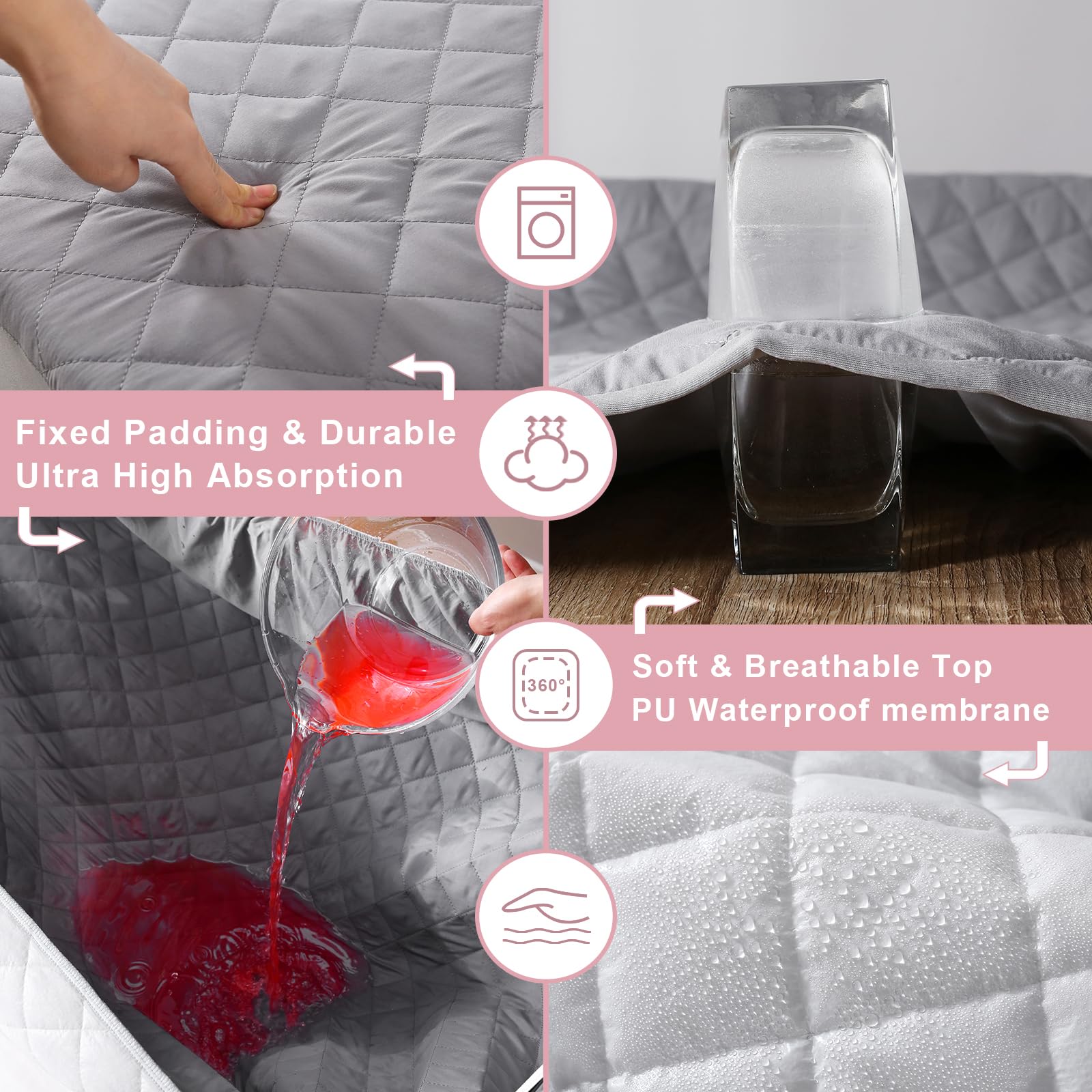 Bedecor Queen Air Mattress Pad Waterproof Mattress Topper Quilted, Air Bed Mattress Protector Heavy Absorbent Grey Breathable & Noiseless Mattress Cover Fitted Style Deep Pocket Up to 18"