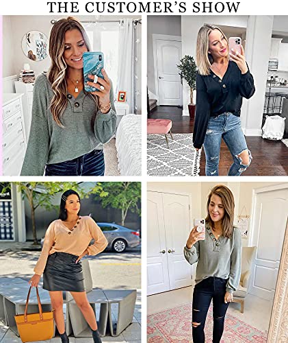 BTFBM Women Waffle Knit Shirts V-Neck Long Sleeve Casual Slouchy Loose Blouses Plain Faux Button Lightweight Pullover (Blue, X-Large)