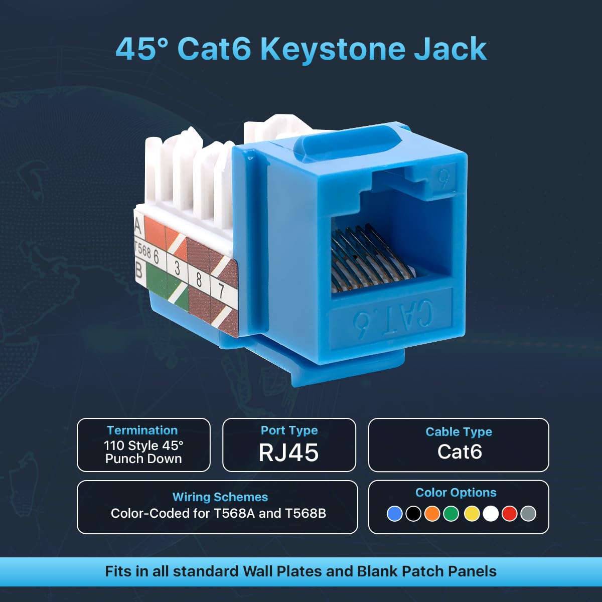 SATMAXIMUM Cat6 Keystone Ethernet Wall Jack Punch Down UTP 45-Degree (Easier Termination Than 90-Degree), RJ45 Slim Profile Speed Termination Blue 45° Angled (50 Pack)
