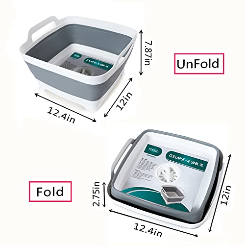 FOSJGO 9L Collapsible Dish Tub Portable Sink,Dishpan for Washing Dishes,Wash Dish Basin,Foldable Laundry Tub,Washing Basin with Drain Plug,Dishpan for Kitchen Sink,Camping Dish Washing Tub