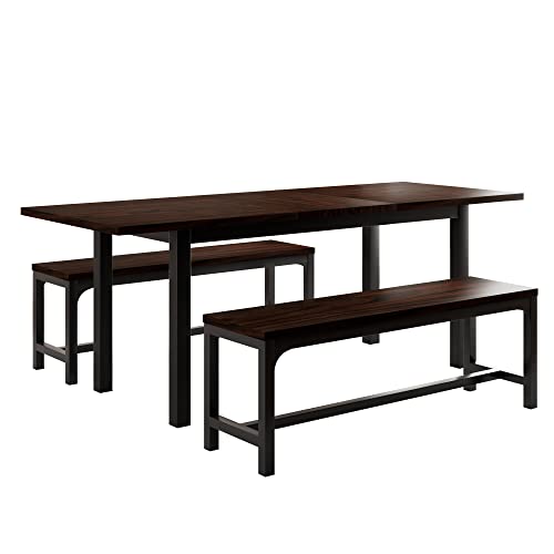 Feonase 3-Piece 63" XL Large Dining Table Set for 4-8 People, Extendable Kitchen Table Set with 2 Benches, Dining Room Table with Metal Frame and Solid MDF Wood Board, Easy Assembly, Espresso