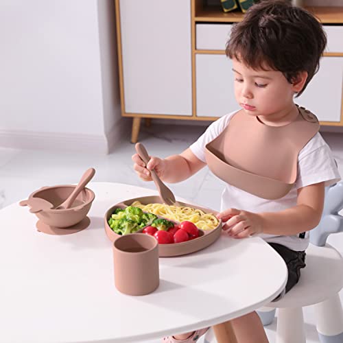 COTTONBEBE Baby Silicone Feeding Set, Toddler Plates and Bowls Sets, Self Feeding Spoon Fork Bib Cup, Divided Baby Led Weaning Supplies, First Stage Solid Food Infant Utensils, Fresh Pink
