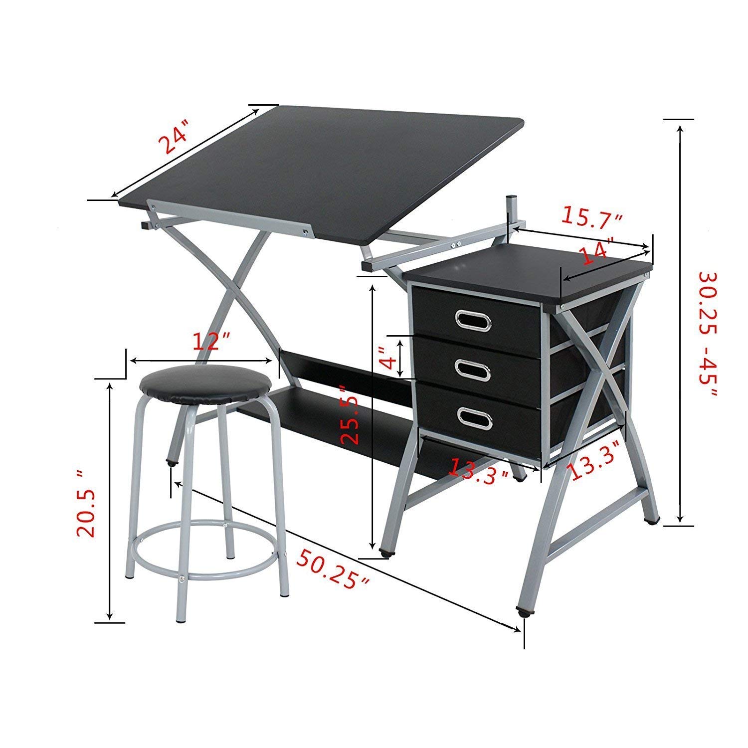 BBBuy Drafting Table Drawing Desk Art Craft Adjustable Tabletop Craft Table w/ 3 Slide Drawers and Stool Set Art Design Workstation for Writing, Painting, Sketching for Home Office, Black