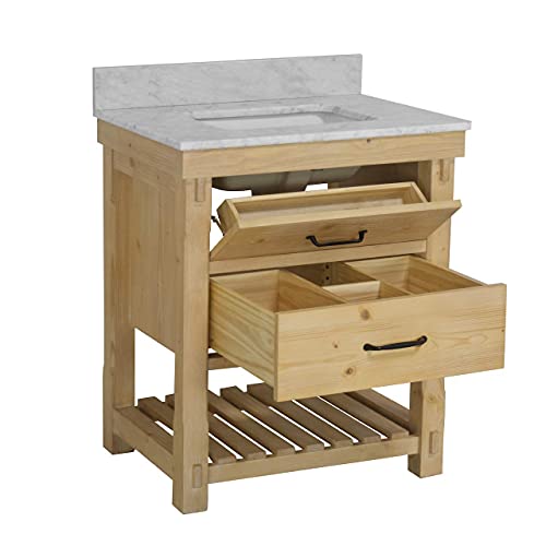 Birmingham 30-inch Bathroom Vanity (Carrara/Driftwood): Includes Driftwood Cabinet with Authentic Italian Carrara Marble Countertop and White Ceramic Sink