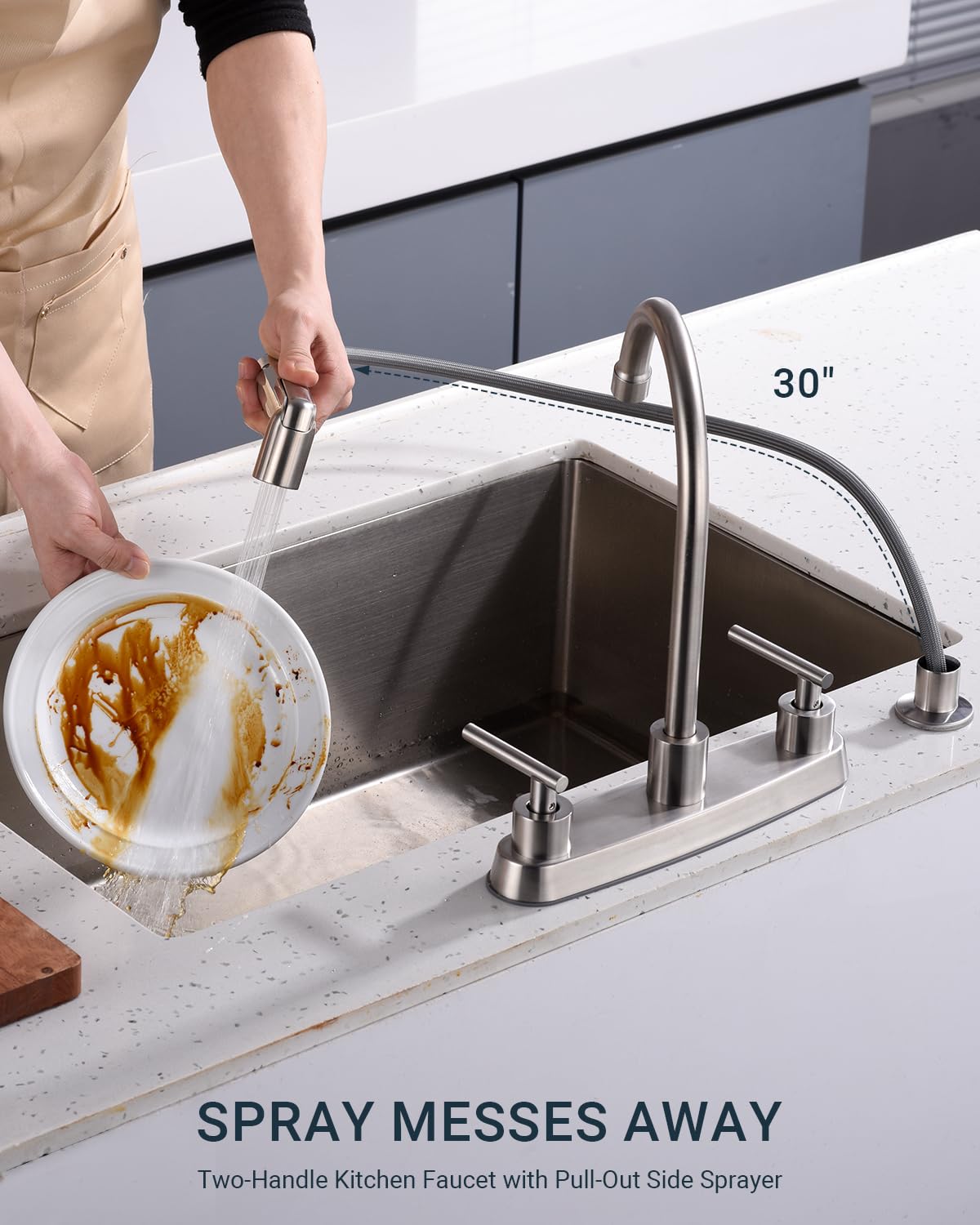 APPASO Kitchen Faucet with Side Sprayer, 2-Handle High Arch SUS304 Stainless Steel Brushed Nickel Kitchen Faucet with Pull-Out Side Spray for RV Laundry Utility Bar, 8-in 4-Hole Installation