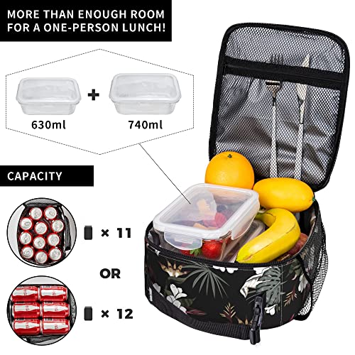 GAMSJM White Flower Lunch Box for Women, Black Insulated Lunch Bag